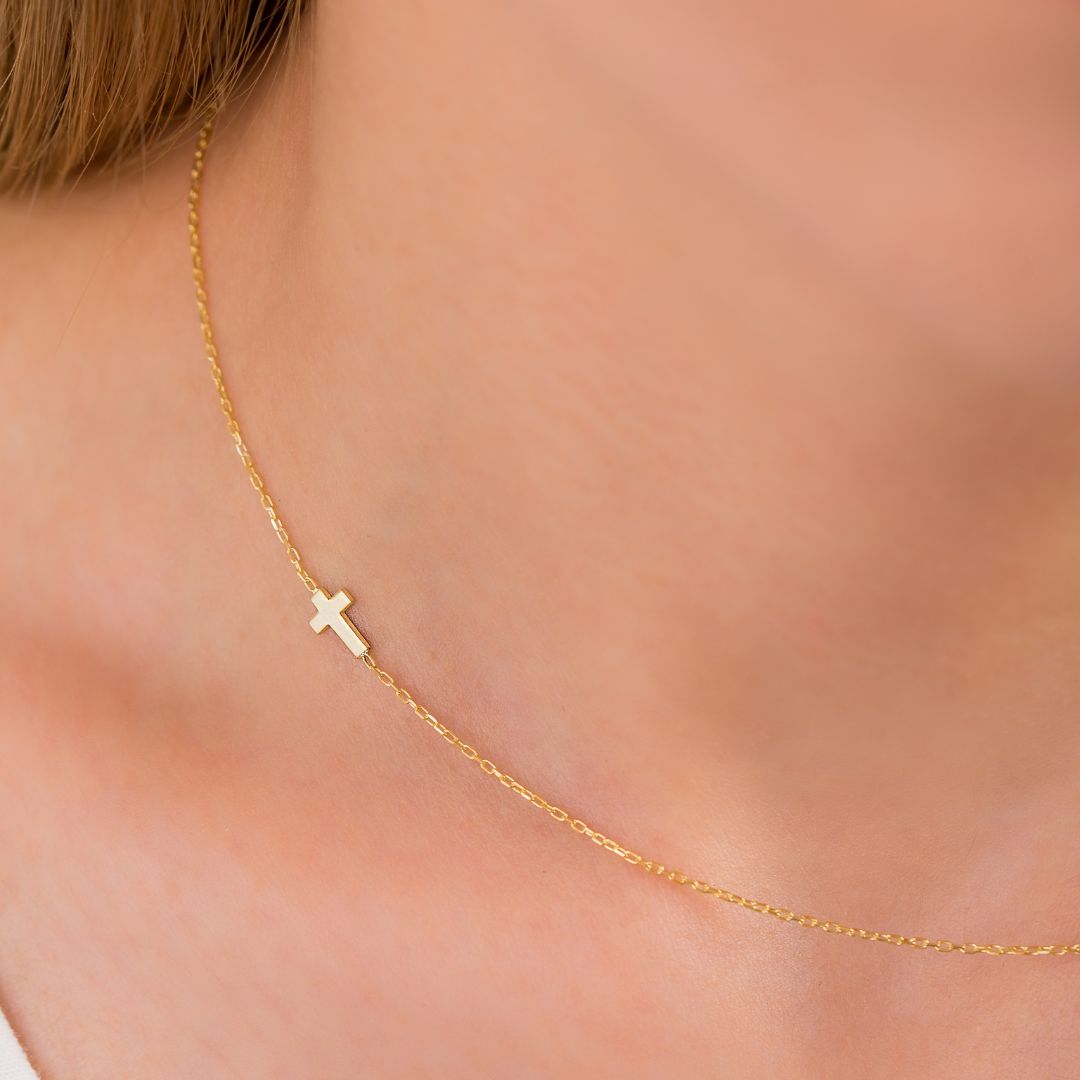 14K Gold Sideways Cross Necklace- Necklaces- Gift for Her - Silveristic