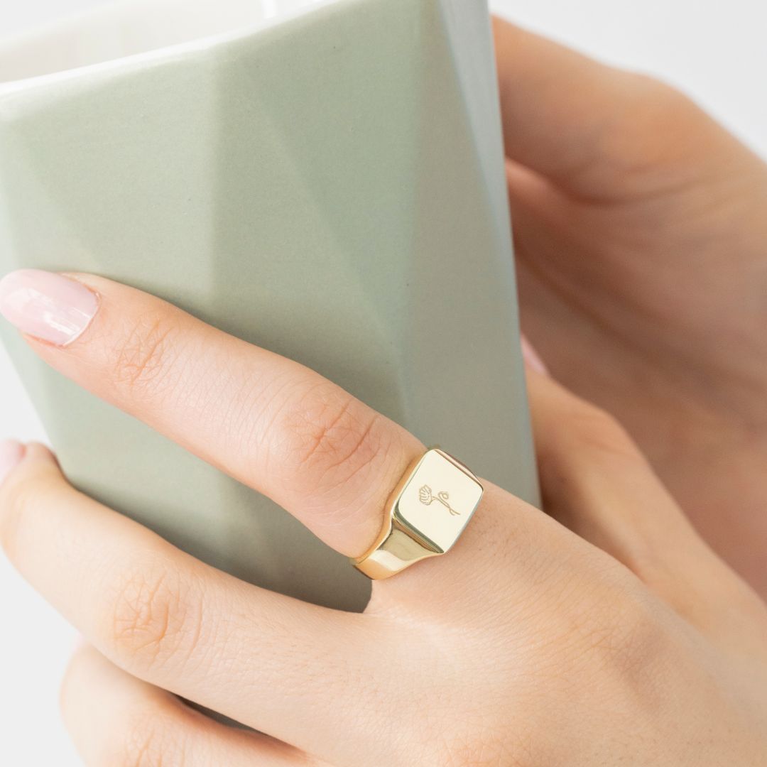 Gift for Her - Birth Flower Signet Ring - Rings - Silveristic